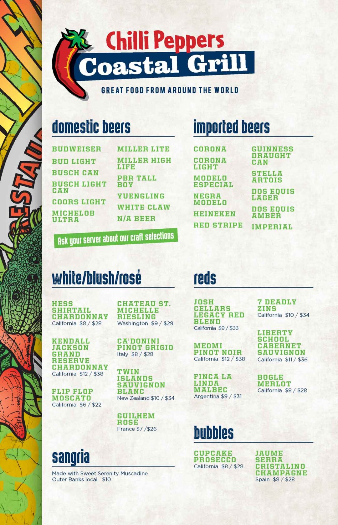 Menus | Chilli Peppers Coastal Grill